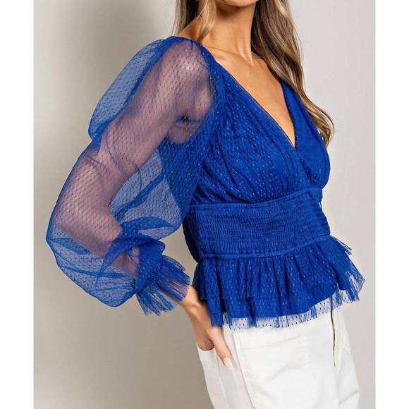 eesome | Tops | New Eesome V Neck Mesh Dot Sleeve Blouse In Royal Blue ...